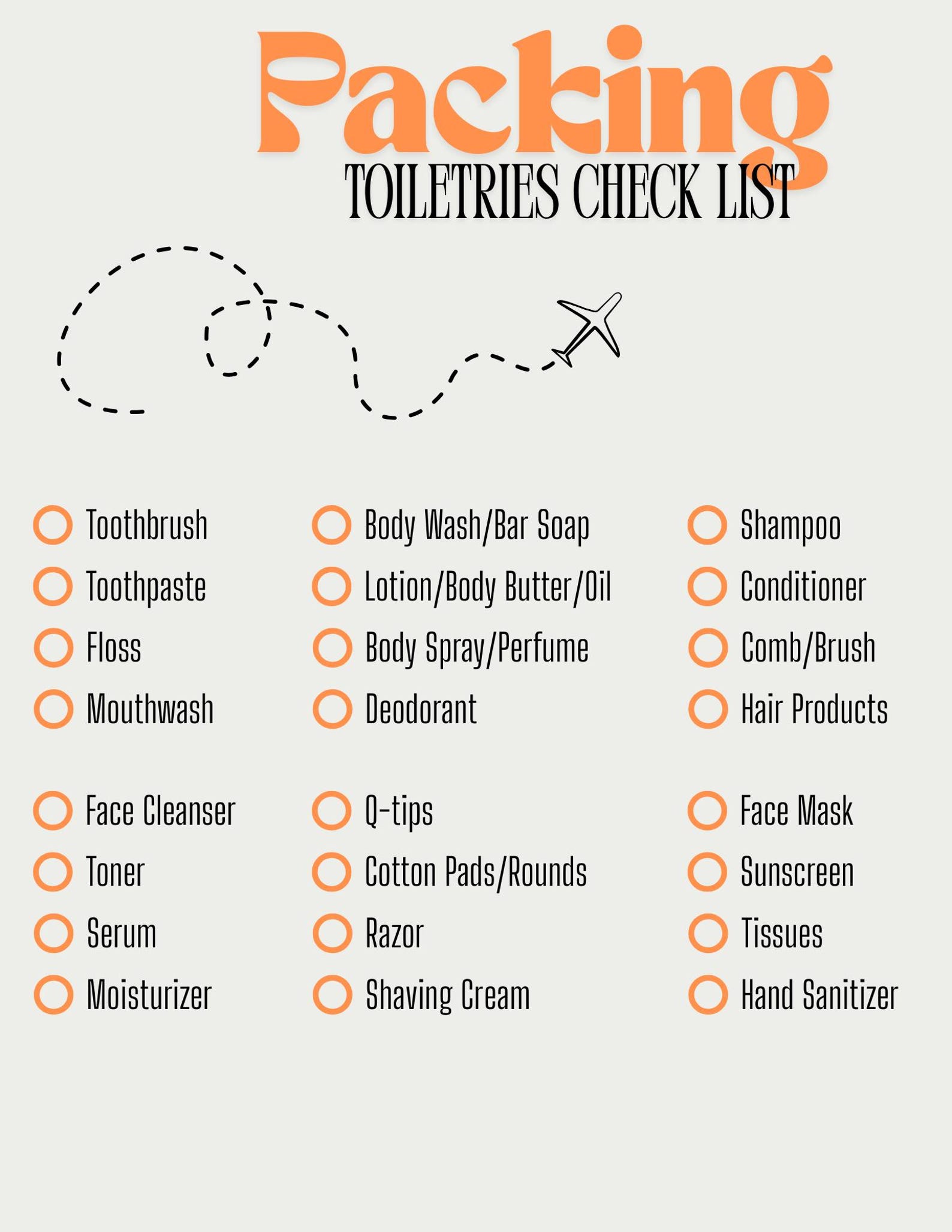 Printable Toiletry Packing Checklist: Travel Essentials List (digital ...
