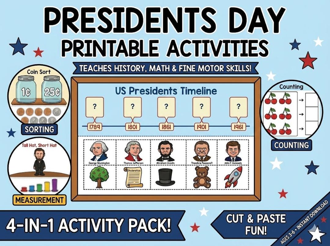 Presidents Day Activity Pack | History, Math, Scissor Skills (PDF) - Etsy