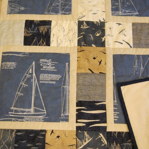 Ships Blueprint Quilt, Hand Quilted Nautical, Hearty Good Wishes Throw ...