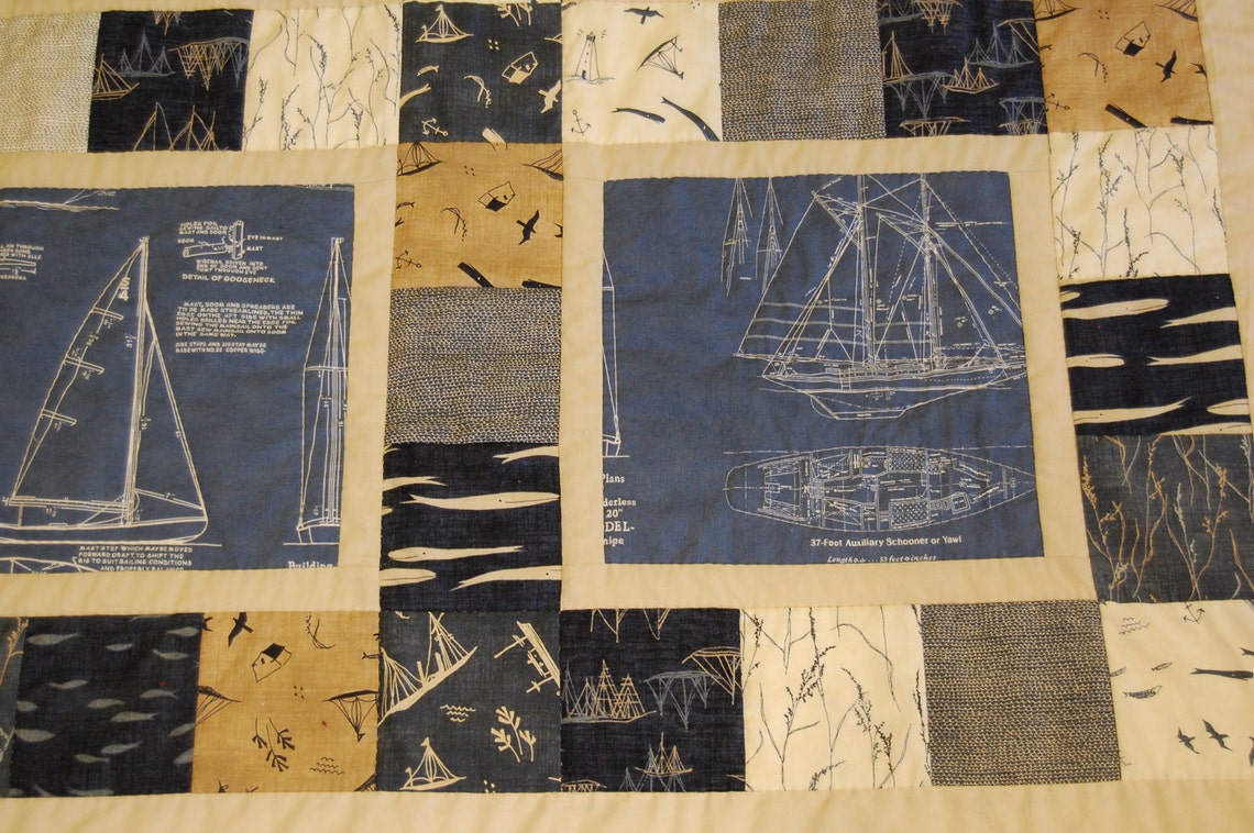 Ships Blueprint Quilt Hand Quilted Nautical Hearty Good - Etsy
