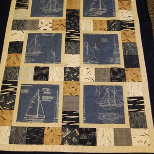 Ships Blueprint Quilt, Hand Quilted Nautical, Hearty Good Wishes Throw ...