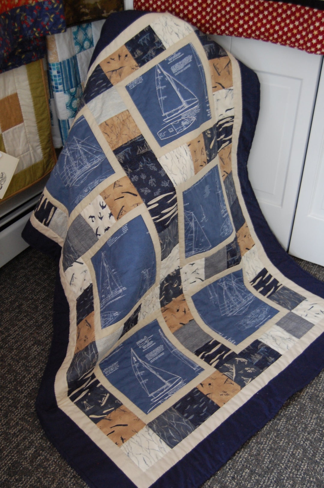 Ships Blueprint Quilt, Hand Quilted Nautical, Hearty Good Wishes Throw ...