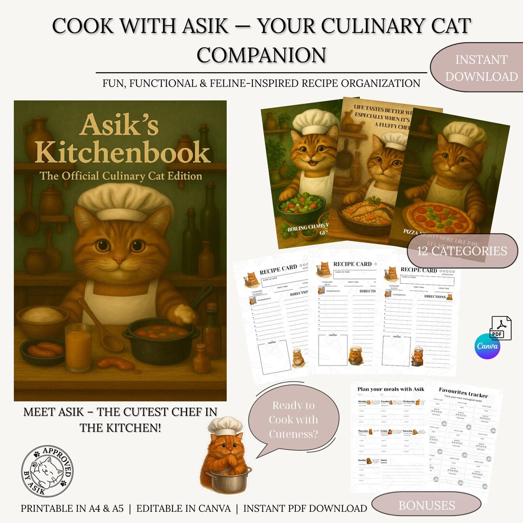 Funny Cat Recipe Book Printable | Chef Cat Canva Planner | Editable ...