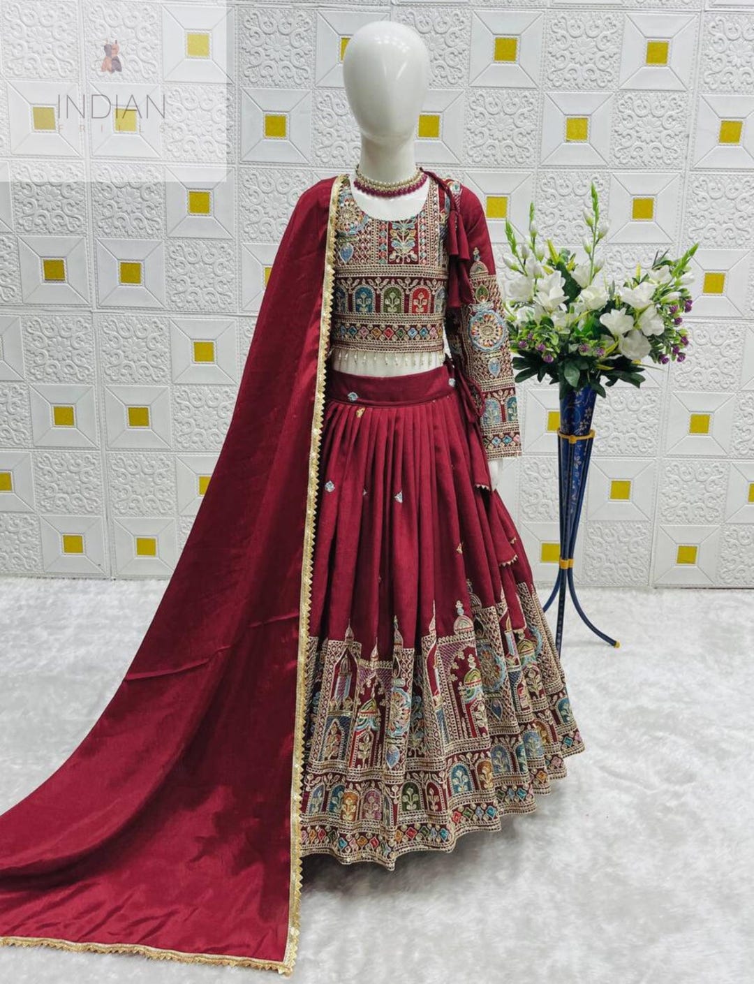 Heavy Embroidered Red Indian Lehenga Choli for Kids, Ready to Wear ...