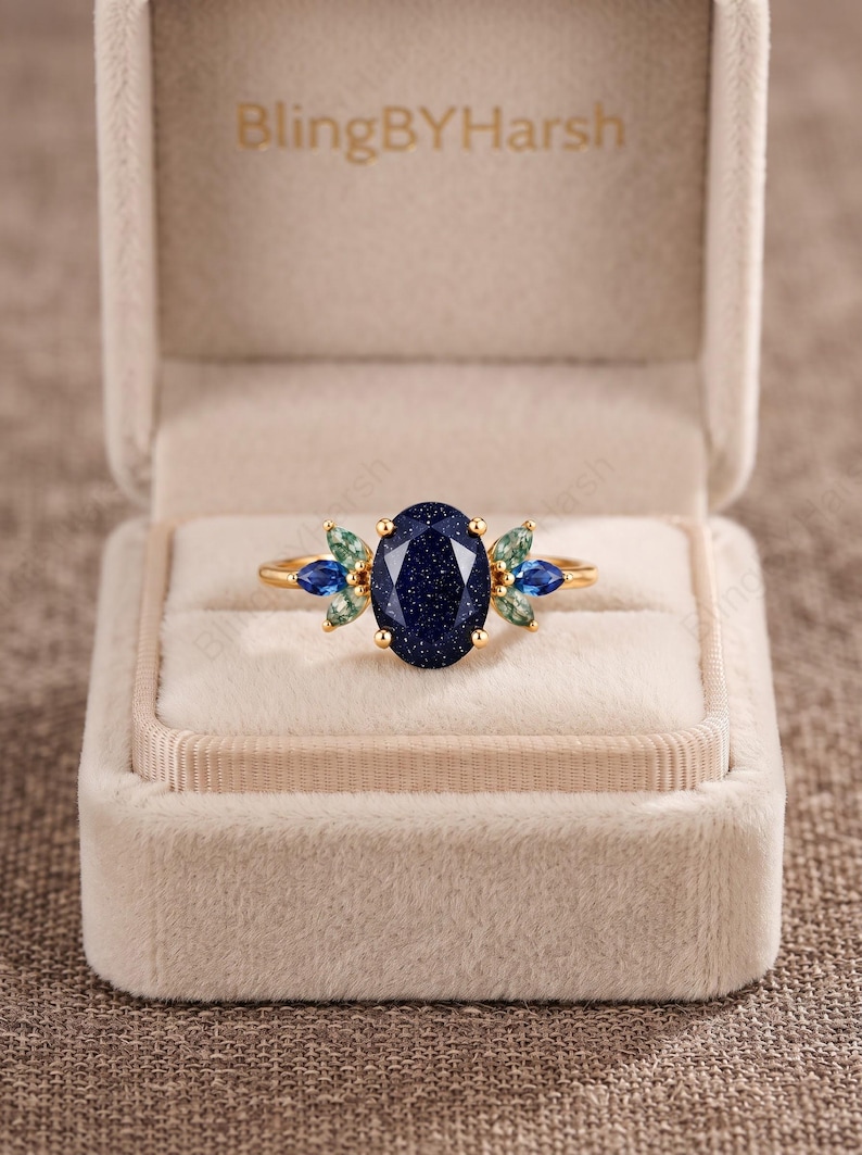Natural Blue Sandstone Engagement Ring, Vintage Cluster Moss Agate Ring ...