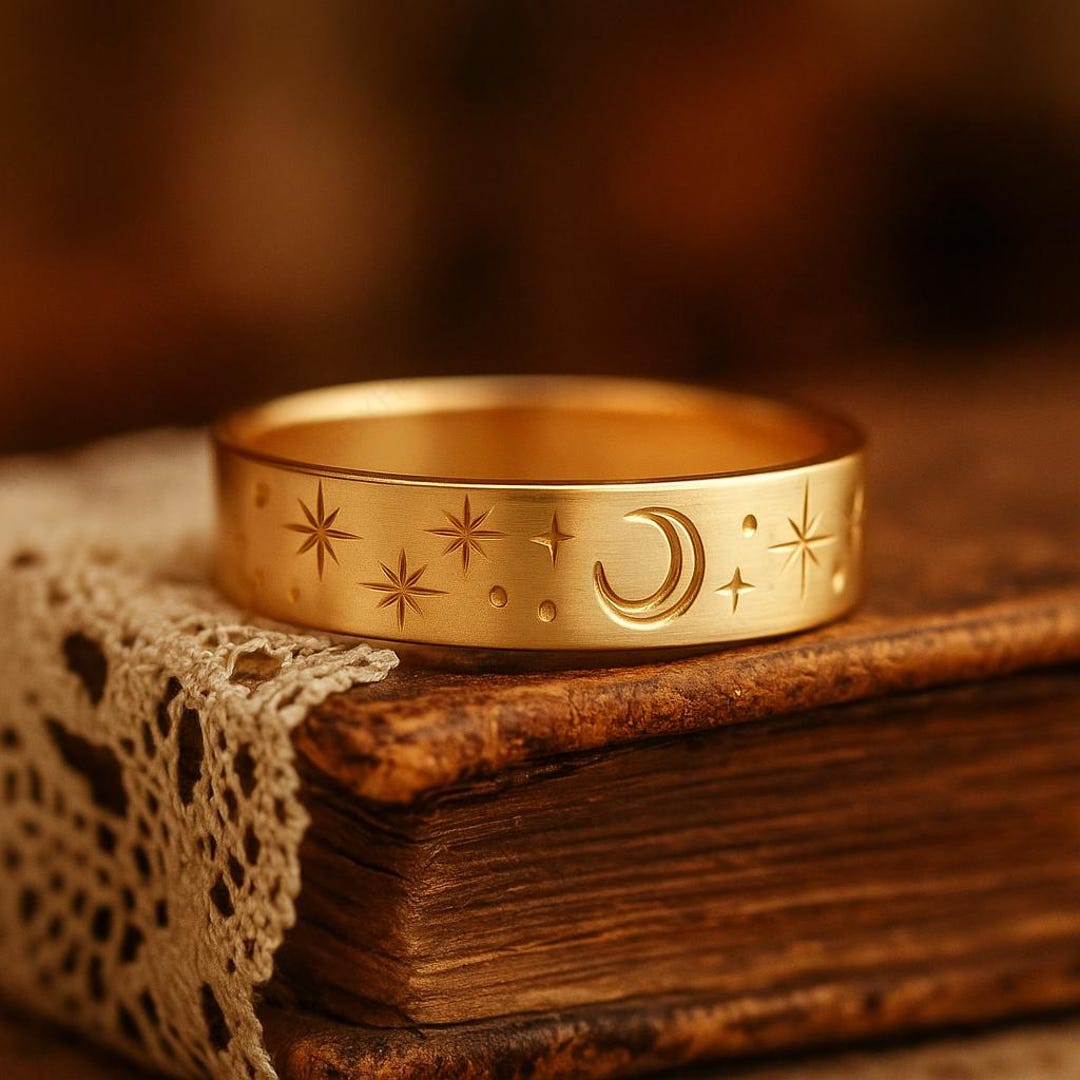 Celestial Moon and Stars Engraved Wedding Band, Thick Gold Plated ...