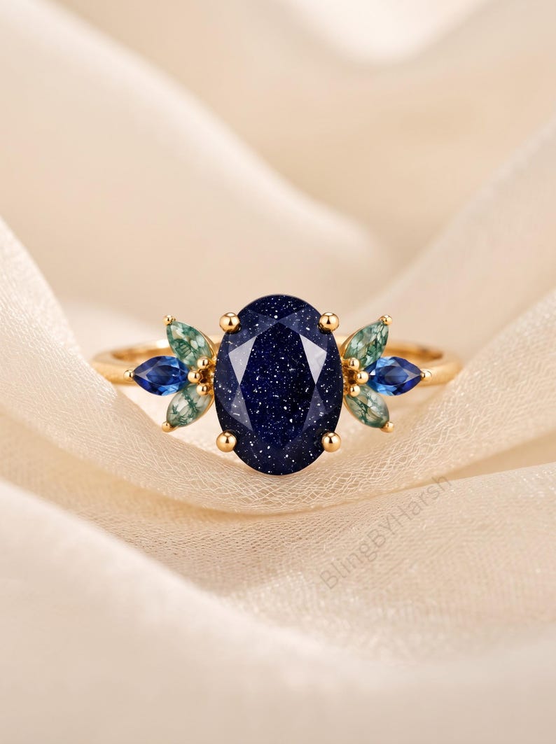 Natural Blue Sandstone Engagement Ring, Vintage Cluster Moss Agate Ring ...