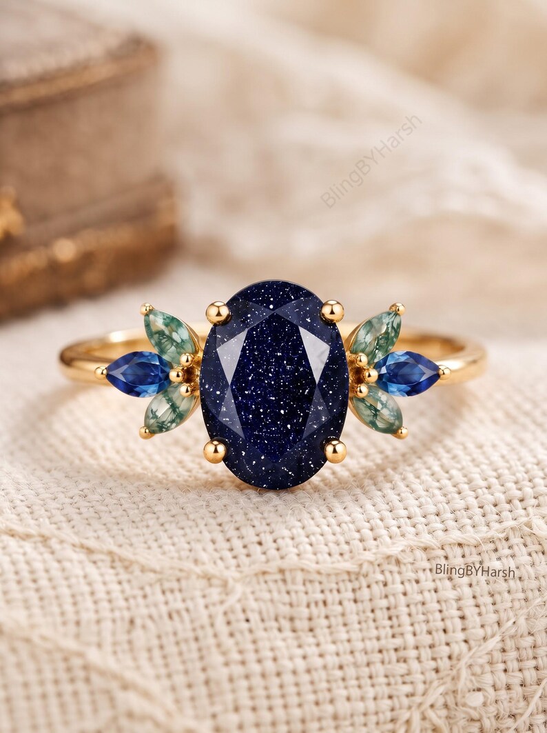 Natural Blue Sandstone Engagement Ring, Vintage Cluster Moss Agate Ring ...