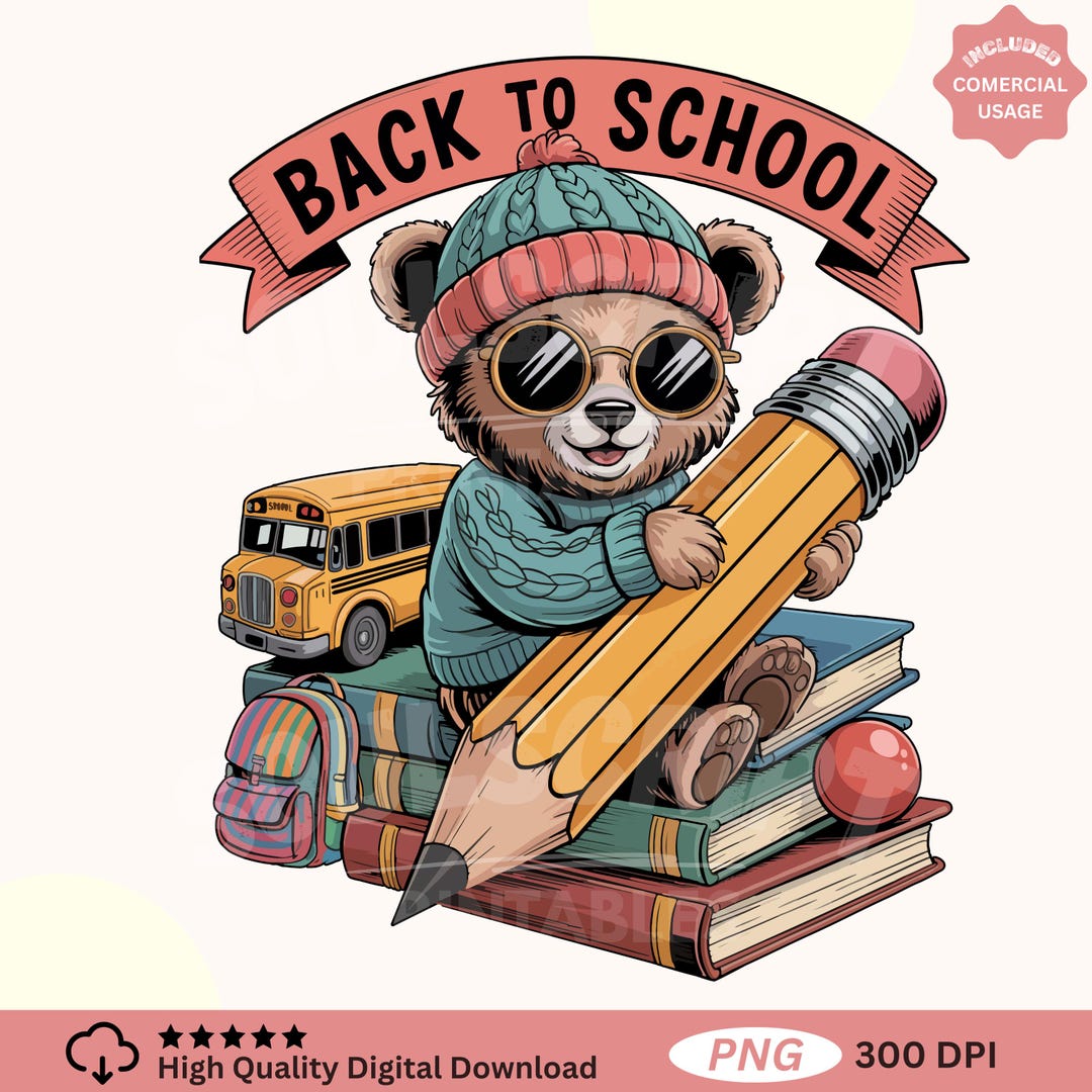 Back to School Bear PNG, Cute Cartoon Animal With Pencil and Books ...