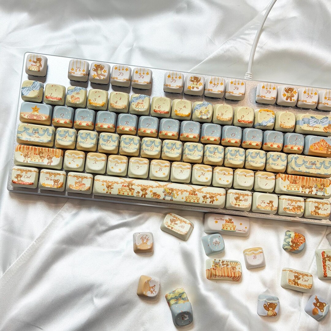 Cute Birthday Bear Keycaps Set |cream Cake Style Yellow White Keycaps ...