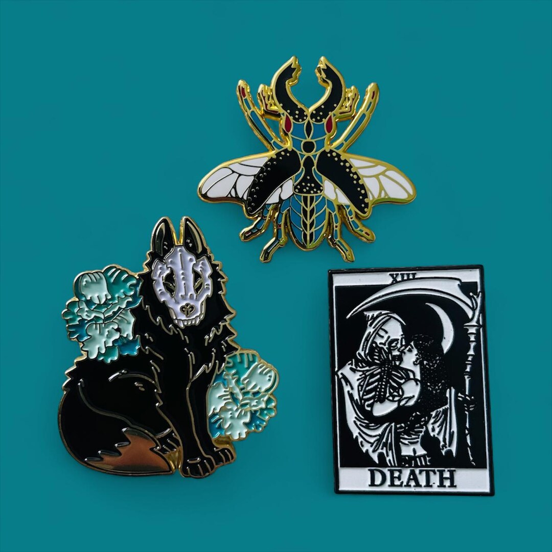 3x Curated Pin Collection - Wolf With Skull Face - Scarab Beetle and ...