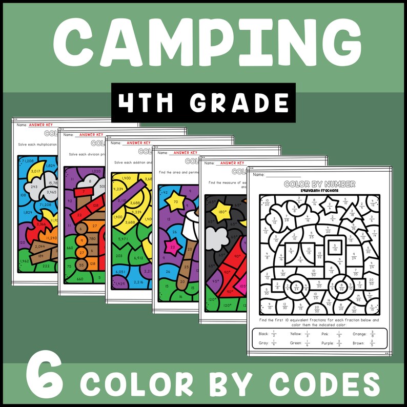 4th Grade Camping Math Color by Number Code| 6 Camping Day Math ...