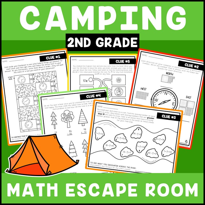 2nd Grade Camping Day Math Escape Room | End of Year Review Camping ...