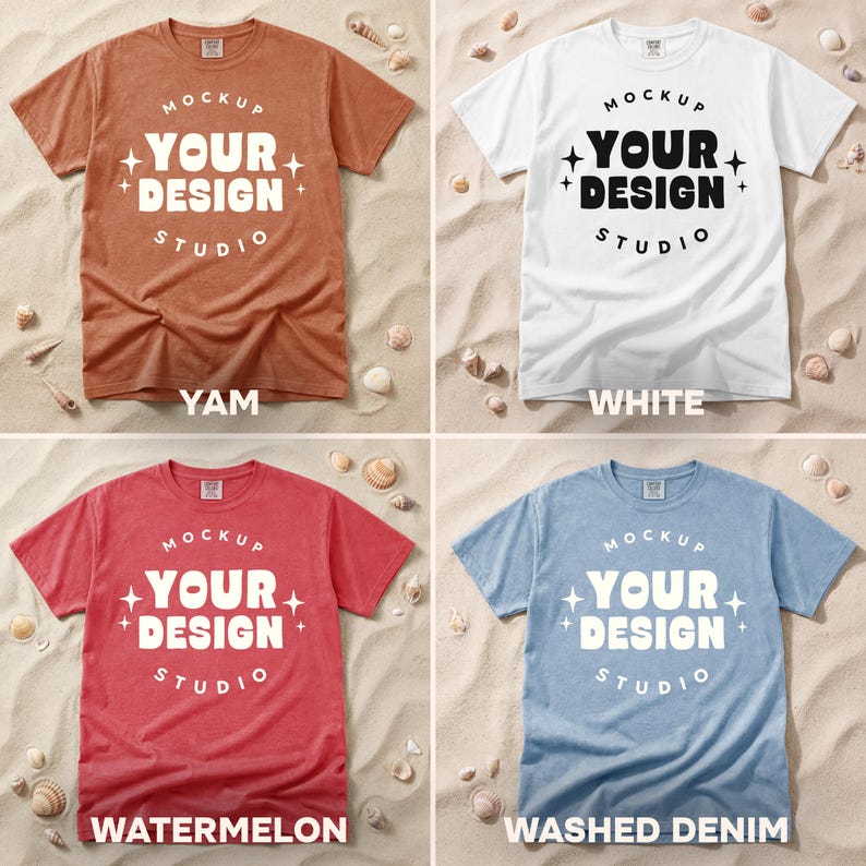 32X Comfort Colors C1717 Mockup Bundle | Summer Sand Unfolded Flat Lay ...