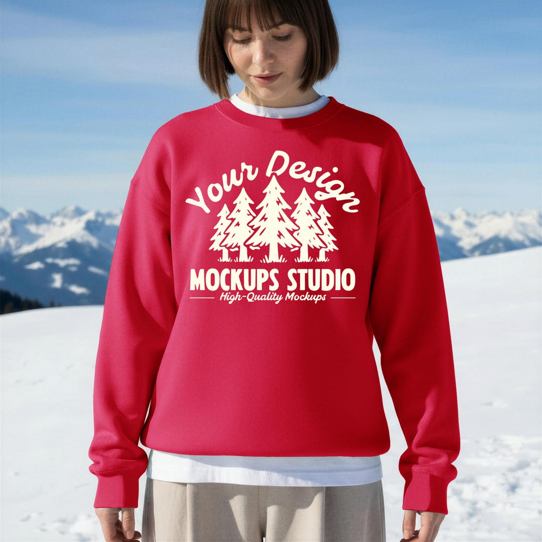 Mockup de moletom Gildan 18000 vermelho cereja | On Model Winter ...