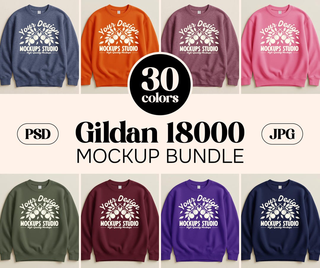 30X Gildan 18000 Sweatshirt Mockup Bundle | G180 Crewneck Flat Lay ...