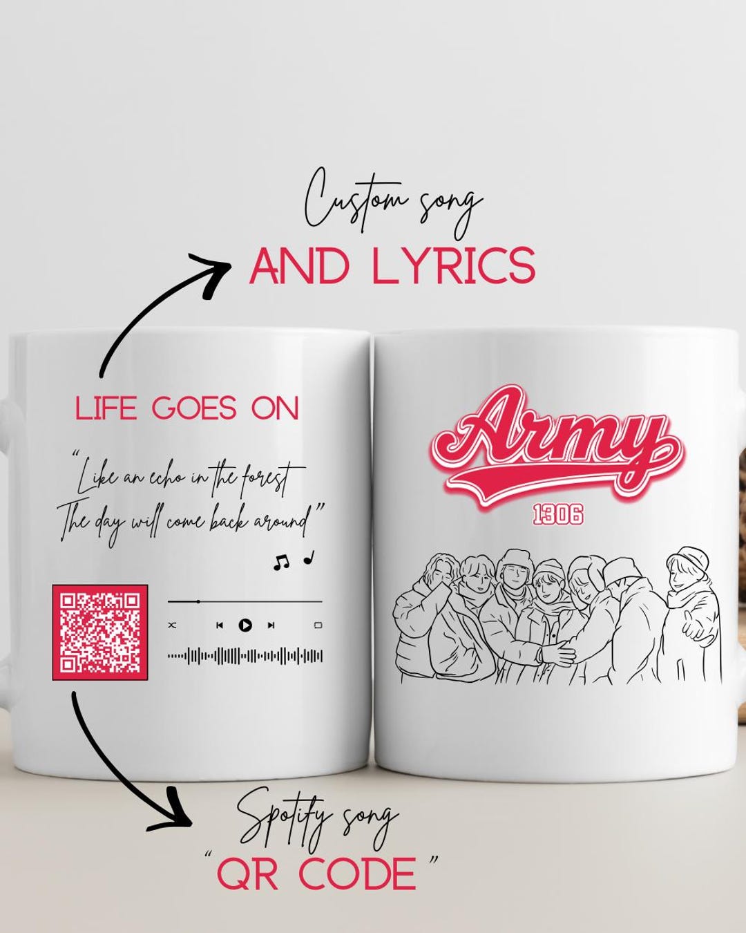 Custom Song QR Code and Lyrics A.R.M.Y Mug, Gift for Fan, Line Art Fan ...