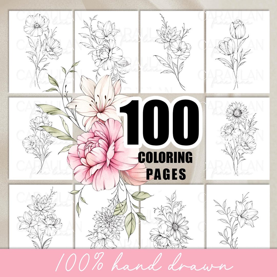 100 Flower Outlines Adult Coloring Pages DIY Paint Art Kit Template 100 ...