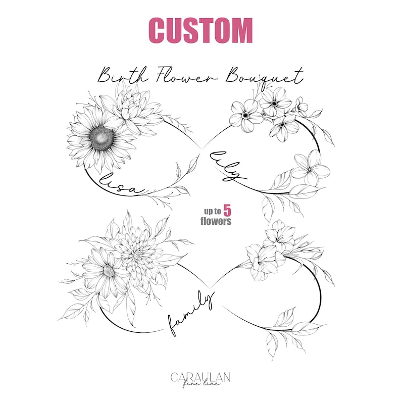 Custom Birth Flower Bouquet With Infinity Sign, Fine Line Tattoo ...
