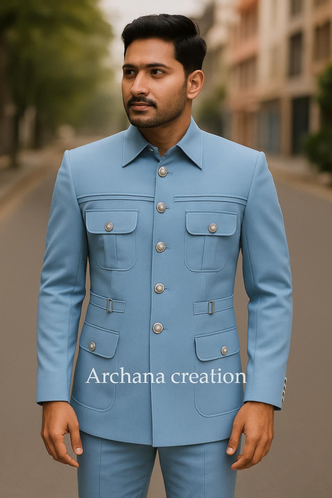 Light Blue Safari Suit for Men African Casual Outdoor Jacket Pant ...