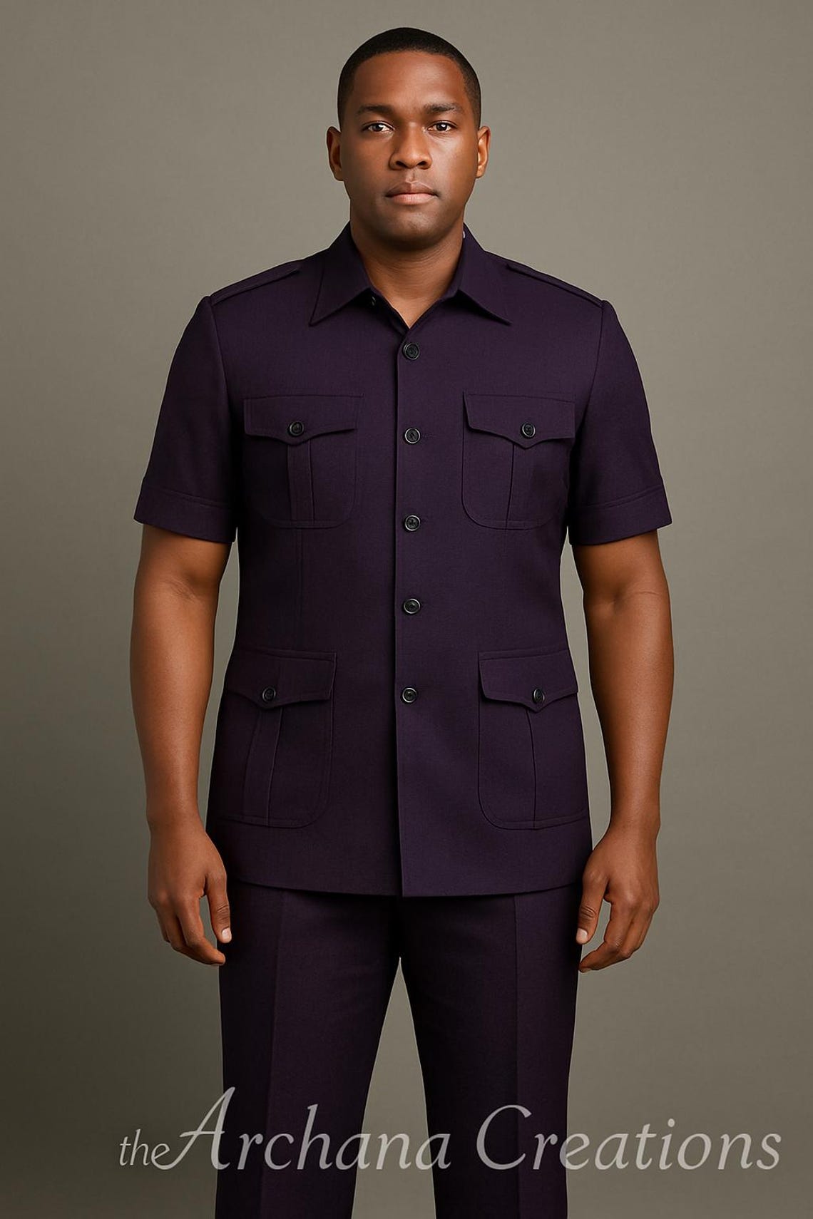 Purple Safari Suit for Men Jacket & Pants Set, Half Sleeves Coat With ...