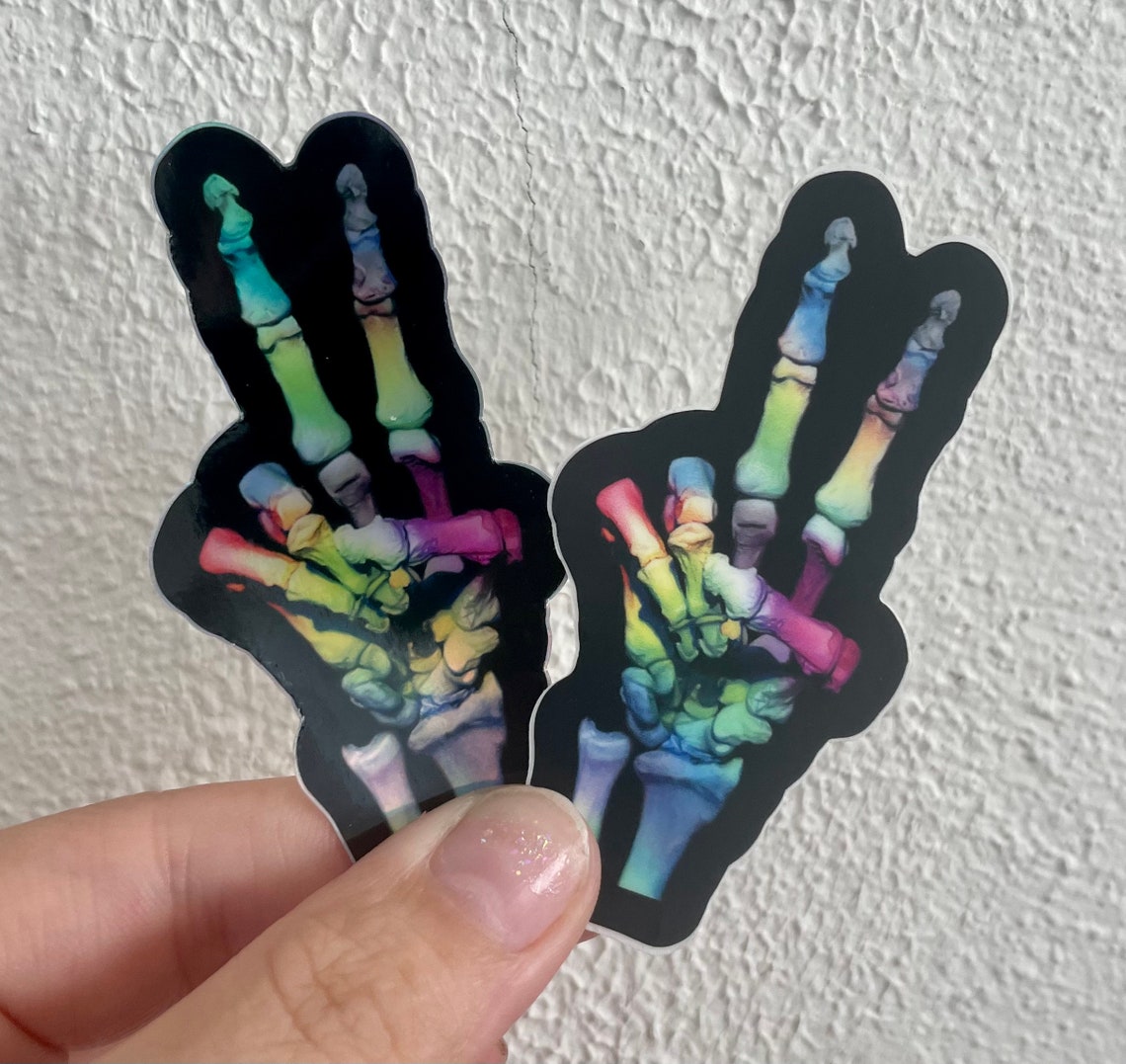 Rainbow Skeleton Hand Peace Sign Matte Vinyl OR Holographic Sticker ...