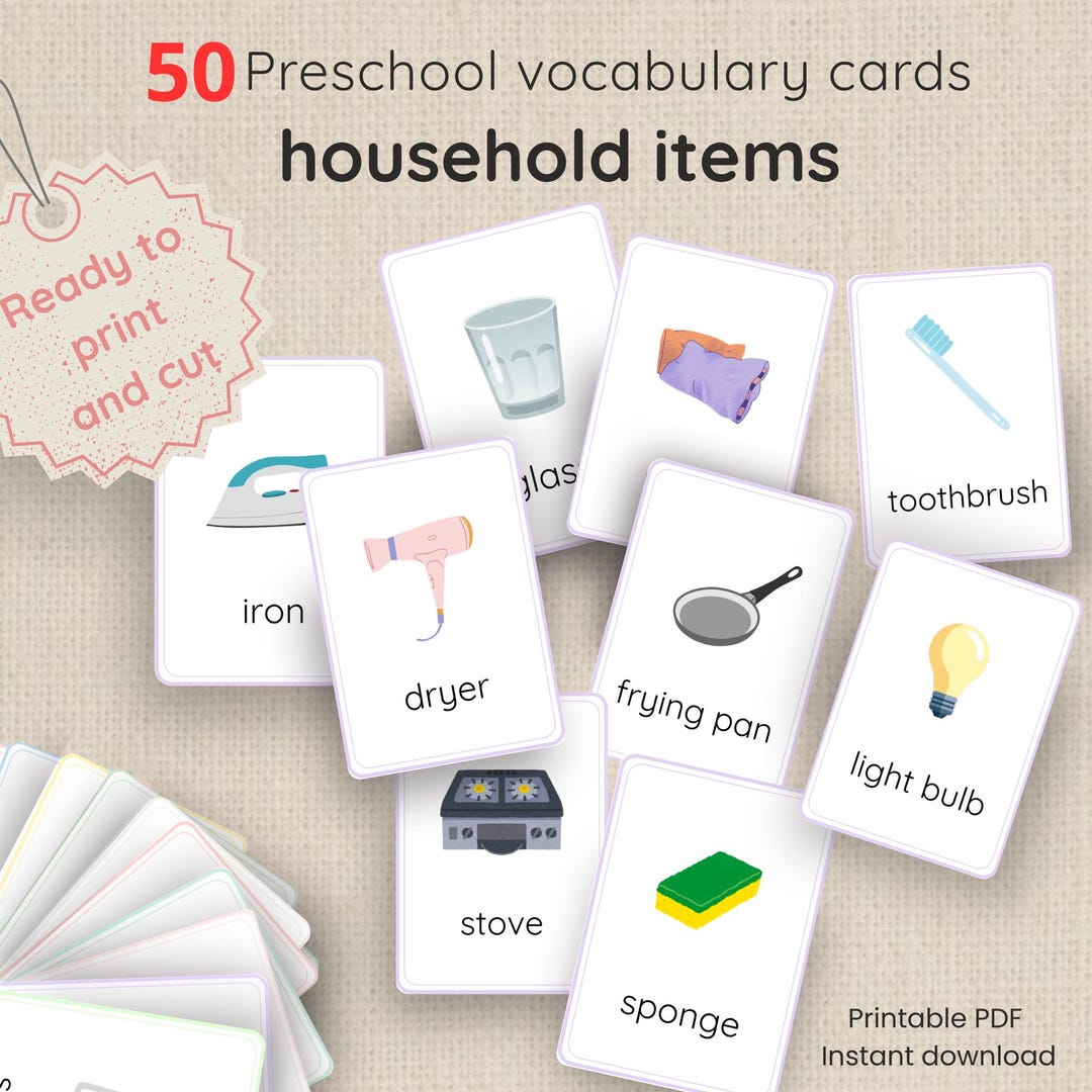 50 Household Items Flashcards Printable | Educational Picture Word ...