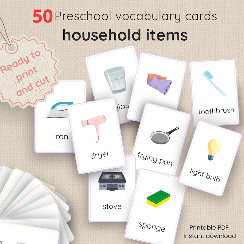 50 Household Items Flashcards Printable | Educational Picture Word ...