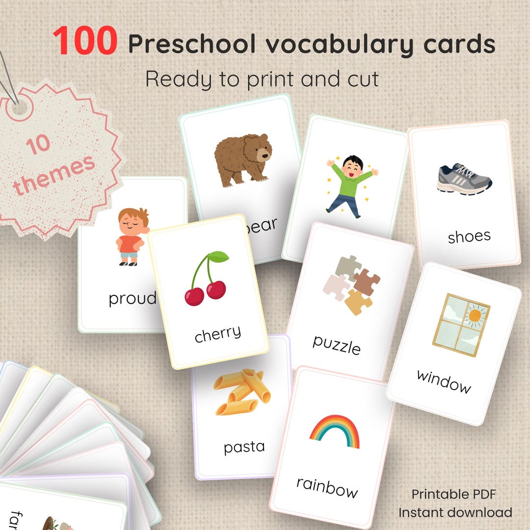 100 Printable Preschool Vocabulary Cards – 10 Themes – Pastel ...