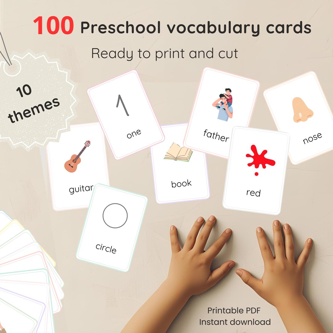 100 Printable Preschool Vocabulary Cards – 10 Themes – Pastel ...