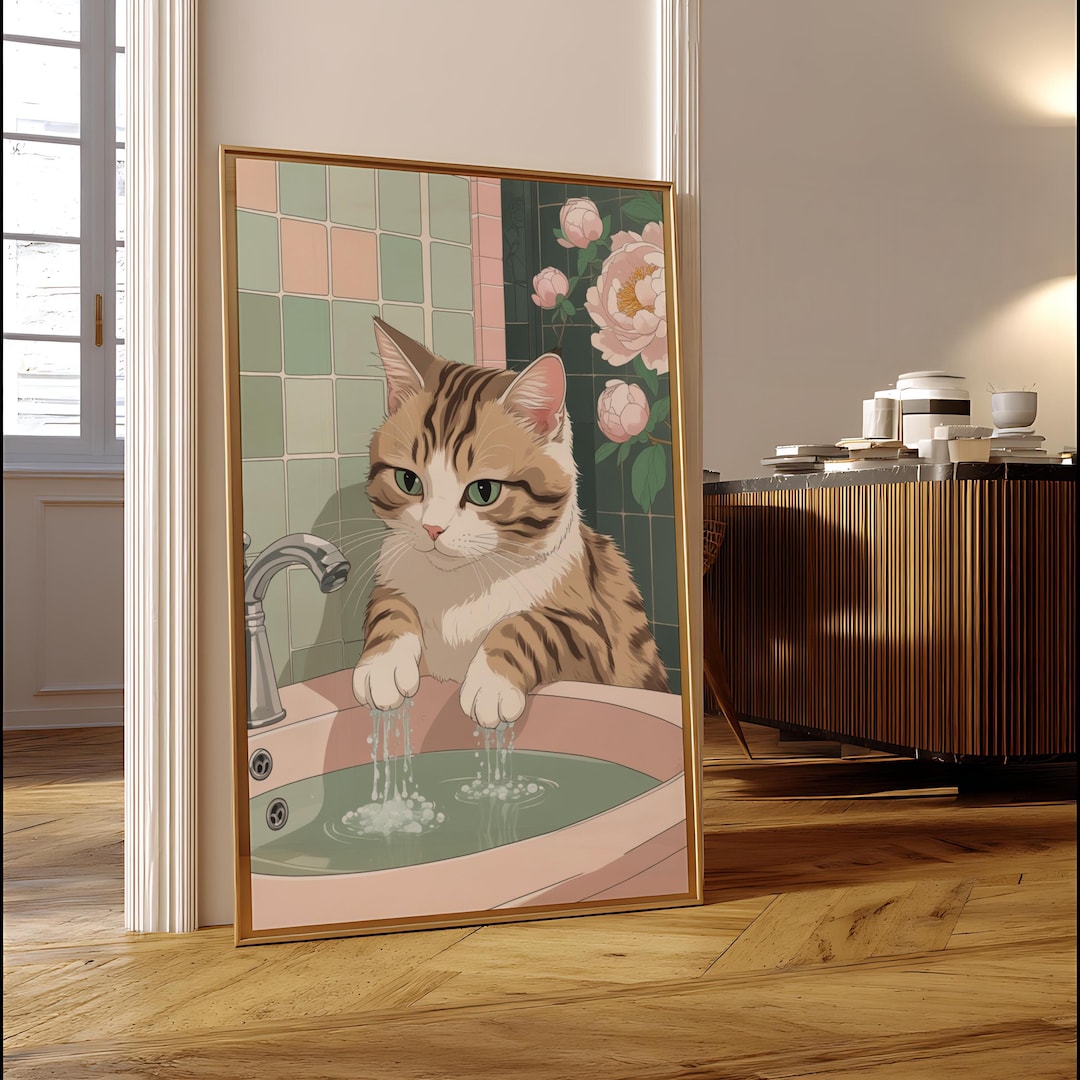 Japanese Tabby Cat Bathroom Art Print: Whimsical Feline Poster - Etsy
