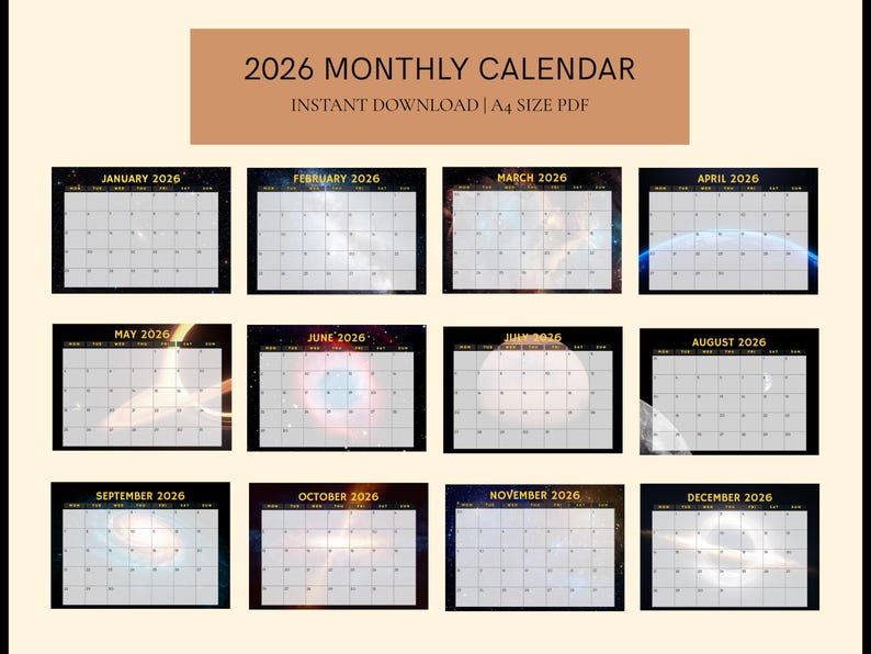 2026 Space Theme Calendar, Minimalist Monthly Planner (PRINTABLE PDF ...