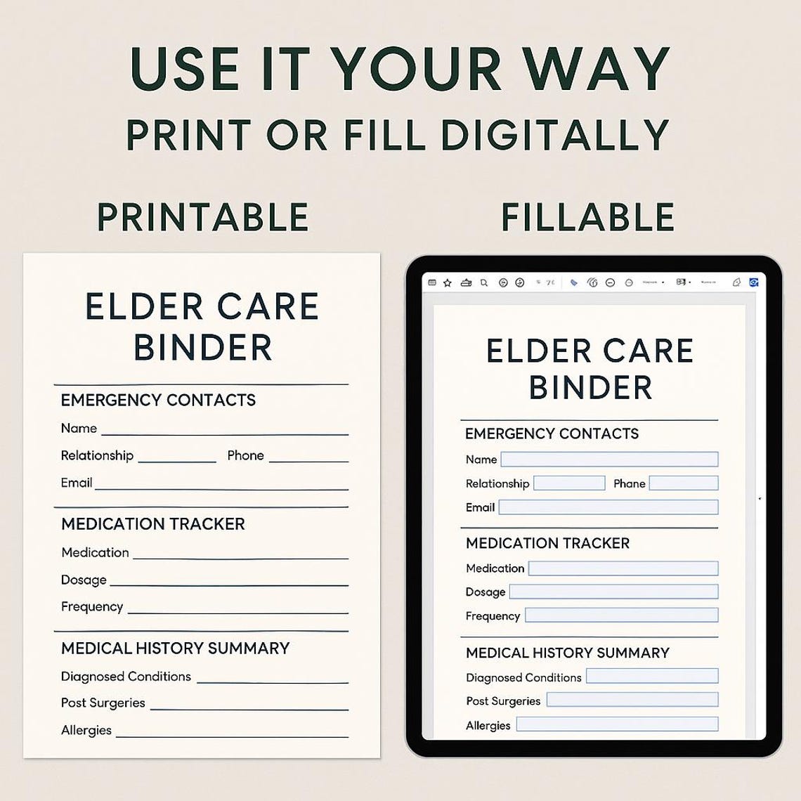 Elder Care Binder | Printable & Fillable Caregiver Planner PDF ...