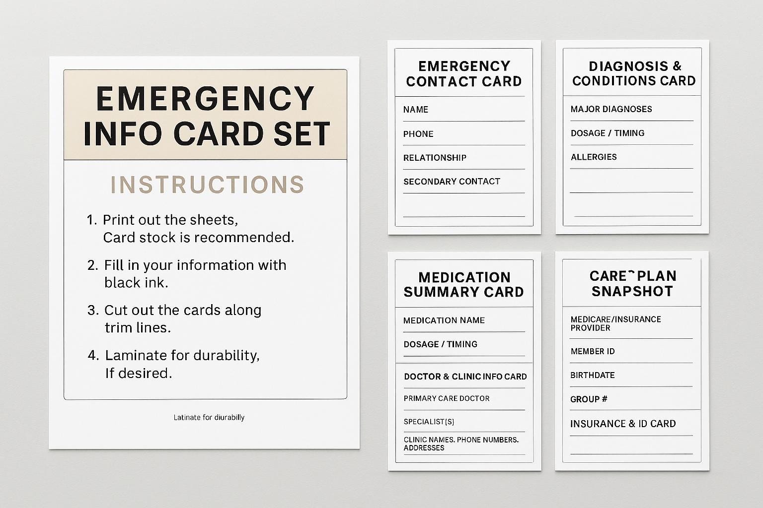 Emergency Info Card Set – Printable Wallet-sized Medical & Contact ...