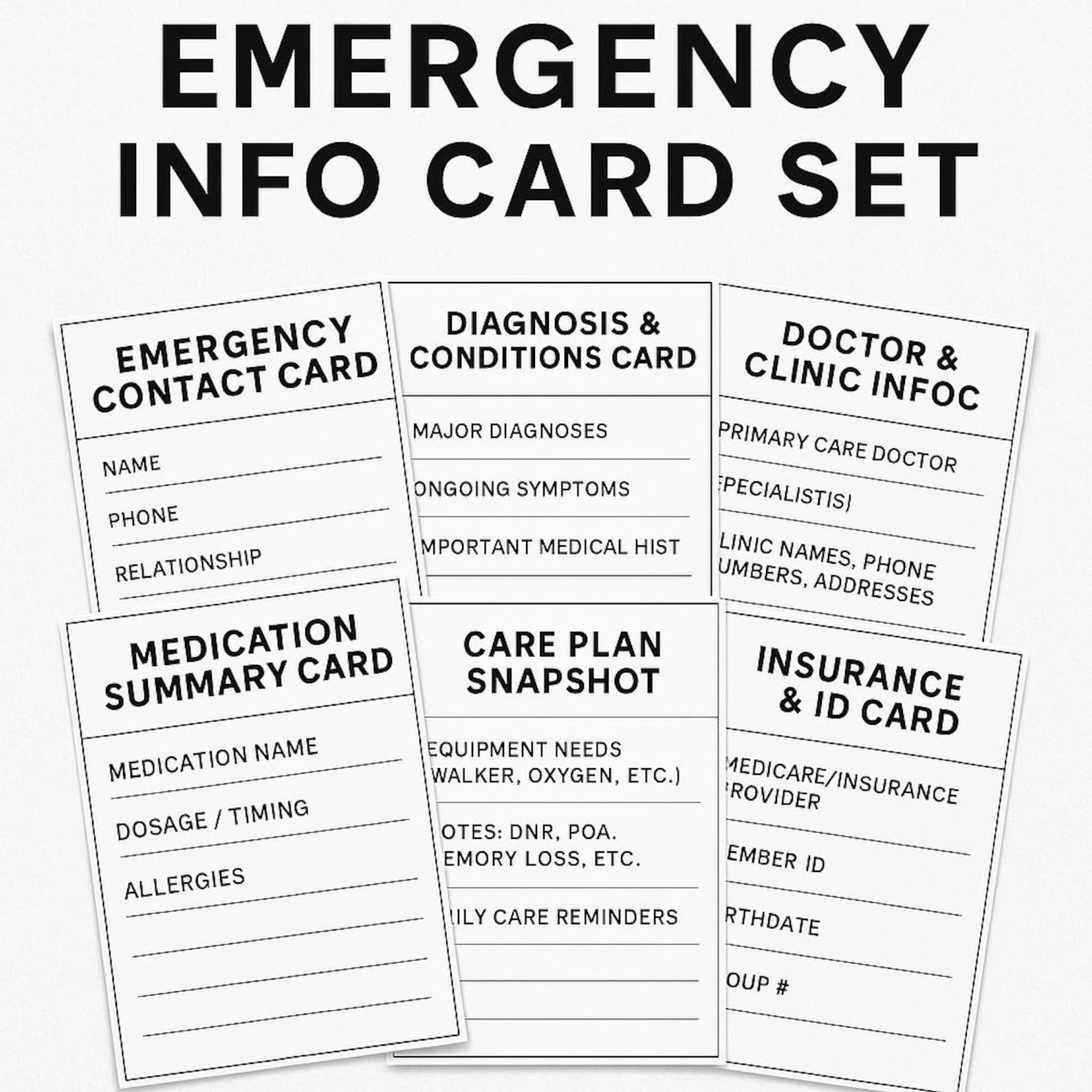 Emergency Info Card Set – Printable Wallet-sized Medical & Contact ...
