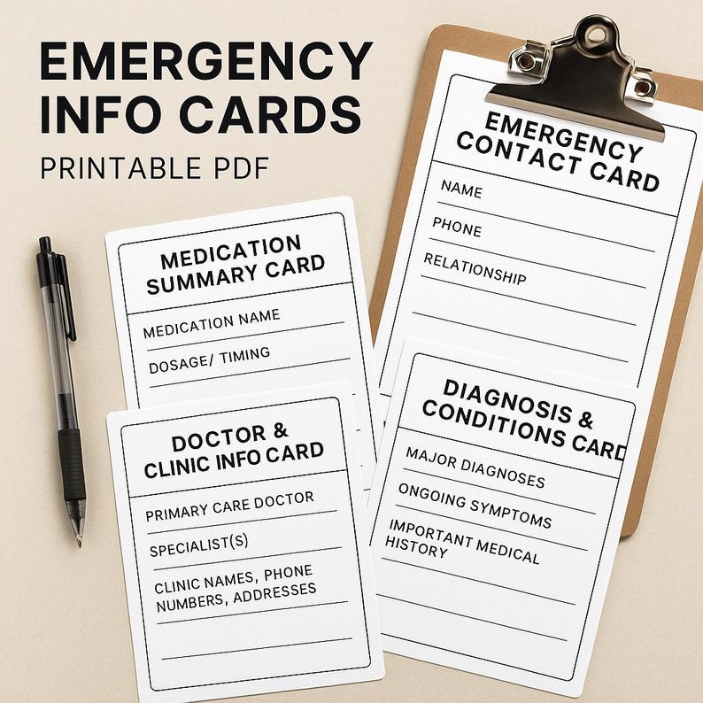 Emergency Info Card Set – Printable Wallet-sized Medical & Contact ...
