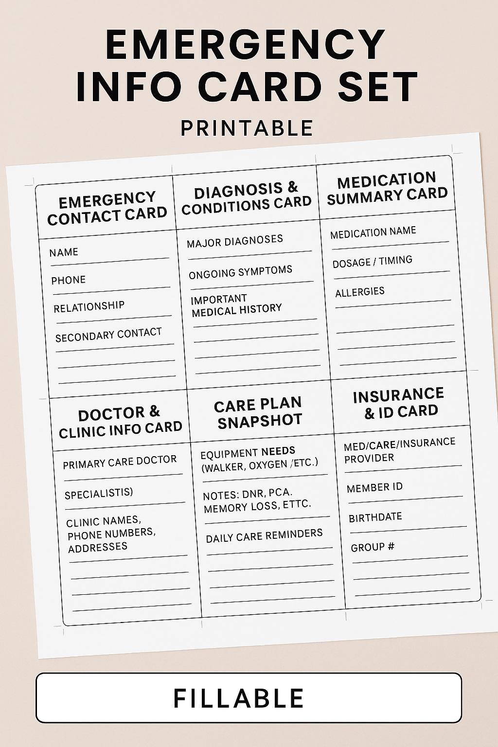 Emergency Info Card Set – Printable Wallet-sized Medical & Contact ...