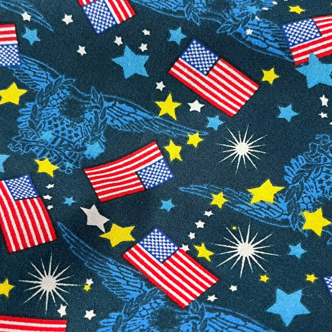 Flags Stars & Fireworks, July 4th Print Fabric, Navy Blue Quilting ...