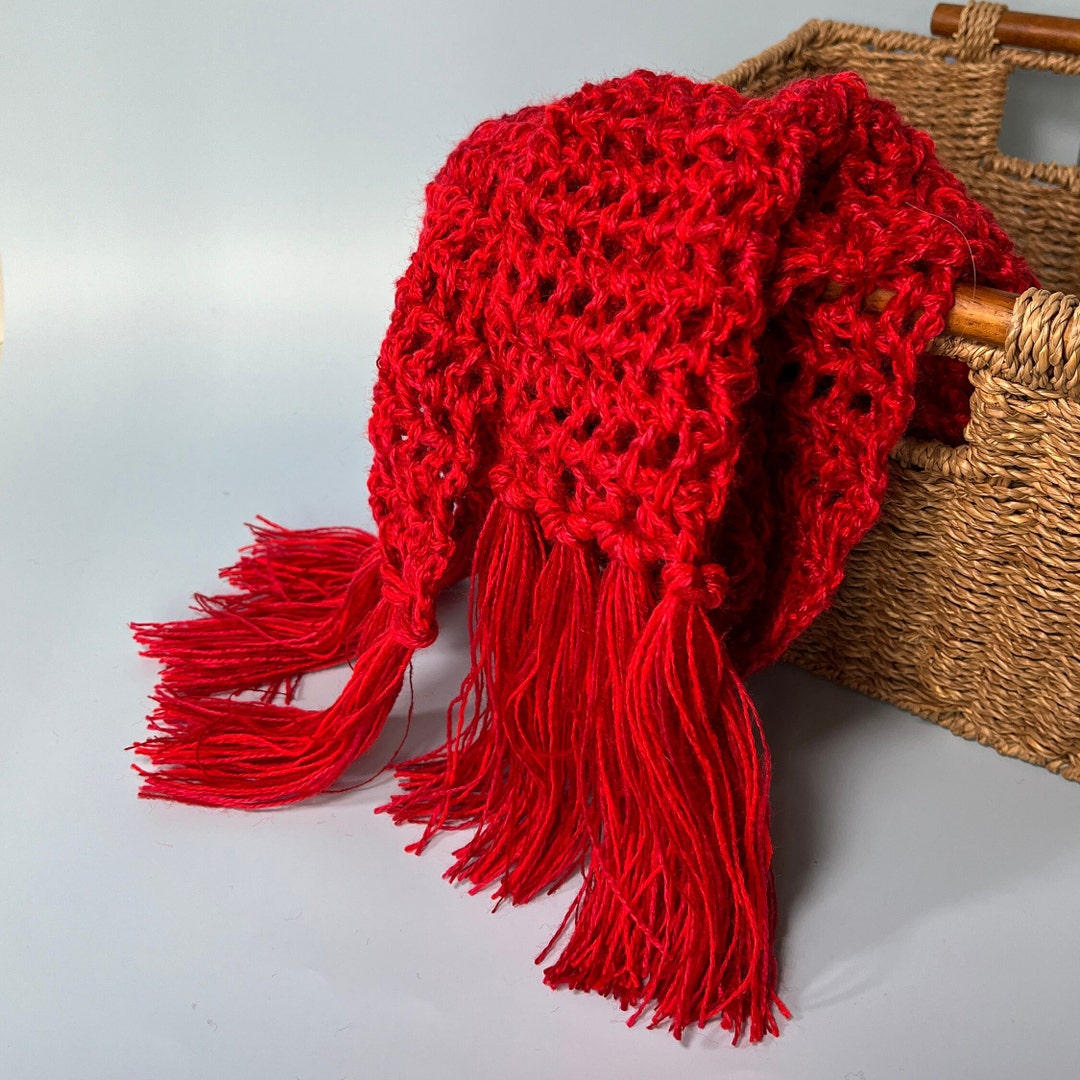 Chic Red Crocheted Scarf With Lush Fringe, Lightweight Acrylic, Unique ...