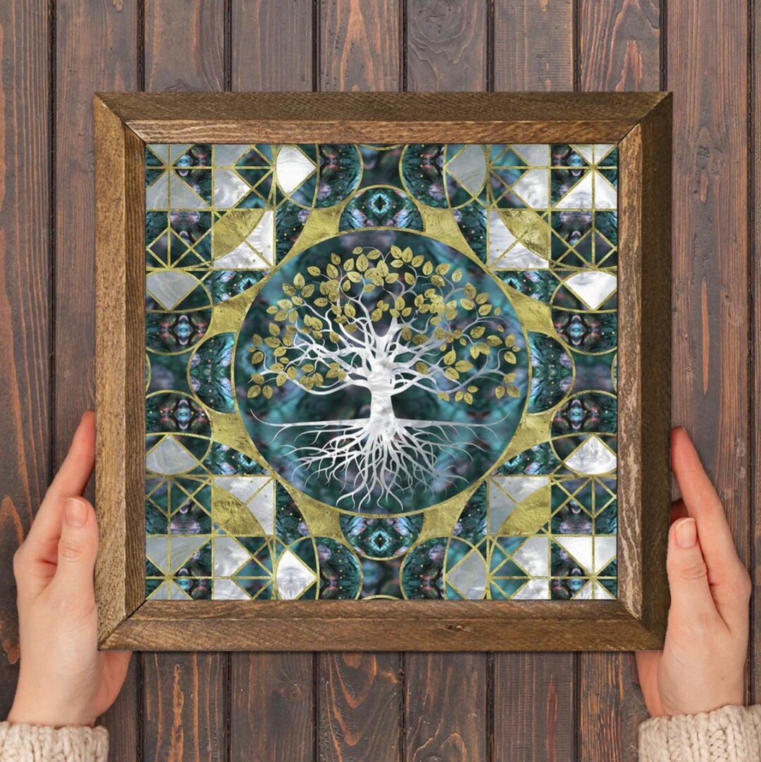 Tree of Life Mandala Wall Art: Abalone Pattern, Rustic Wood Frame - Etsy