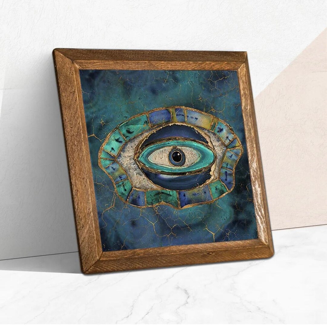 Evil Eye Wall Art: Stone Tile With Wood Frame, Boho Protection Decor - Etsy