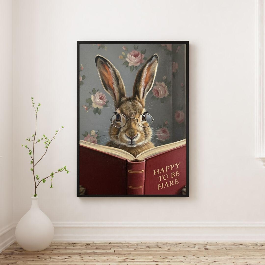 Happy to Be Hare, Bunny Reading Coffee Art Print, Rabbit Book Lover ...