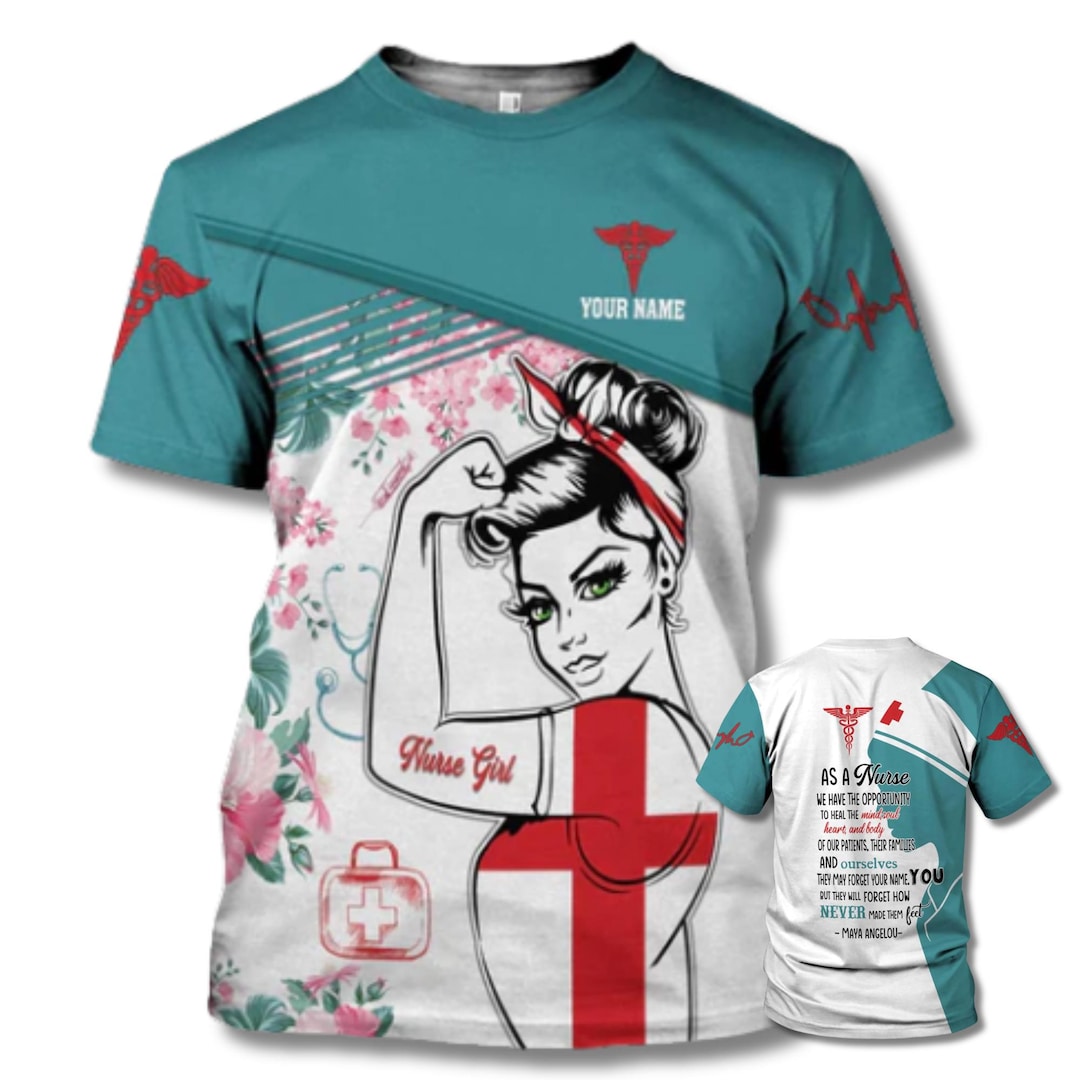 Personalized Nurse Girl 3D T Shirt Custom Name, Floral Red Cross Design ...
