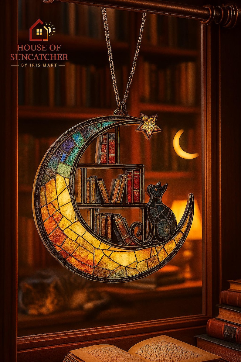 Moon Cat Library Suncatcher, Book Lover Window Decor - Etsy