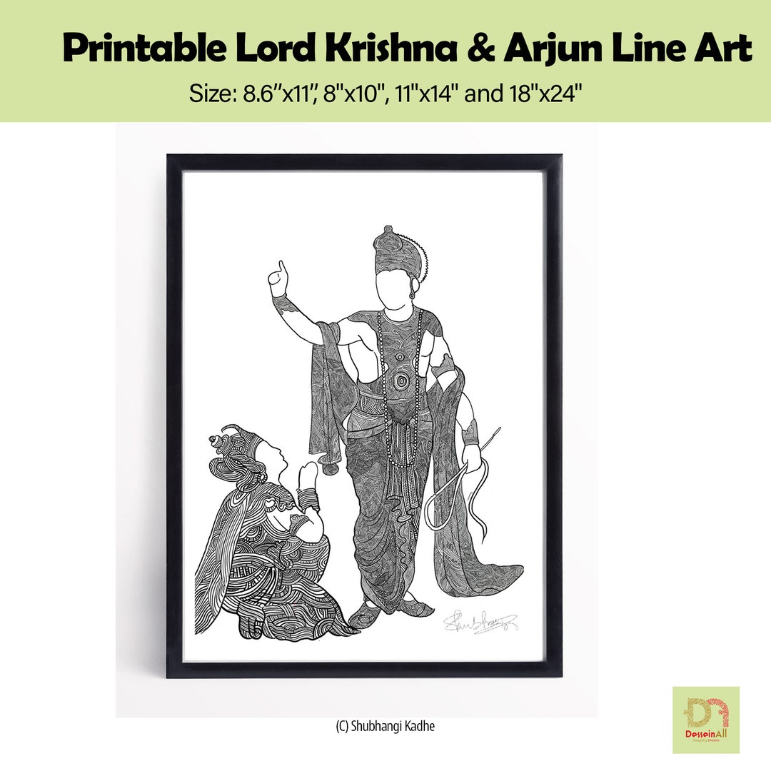Lord Krishna & Arjun Line Art, Digital Download Art, Spirit Artwork ...