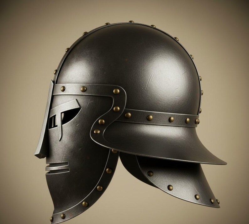 Medieval Iron Knight Helmet With Face Guard and Brass Rivets, Gothic ...