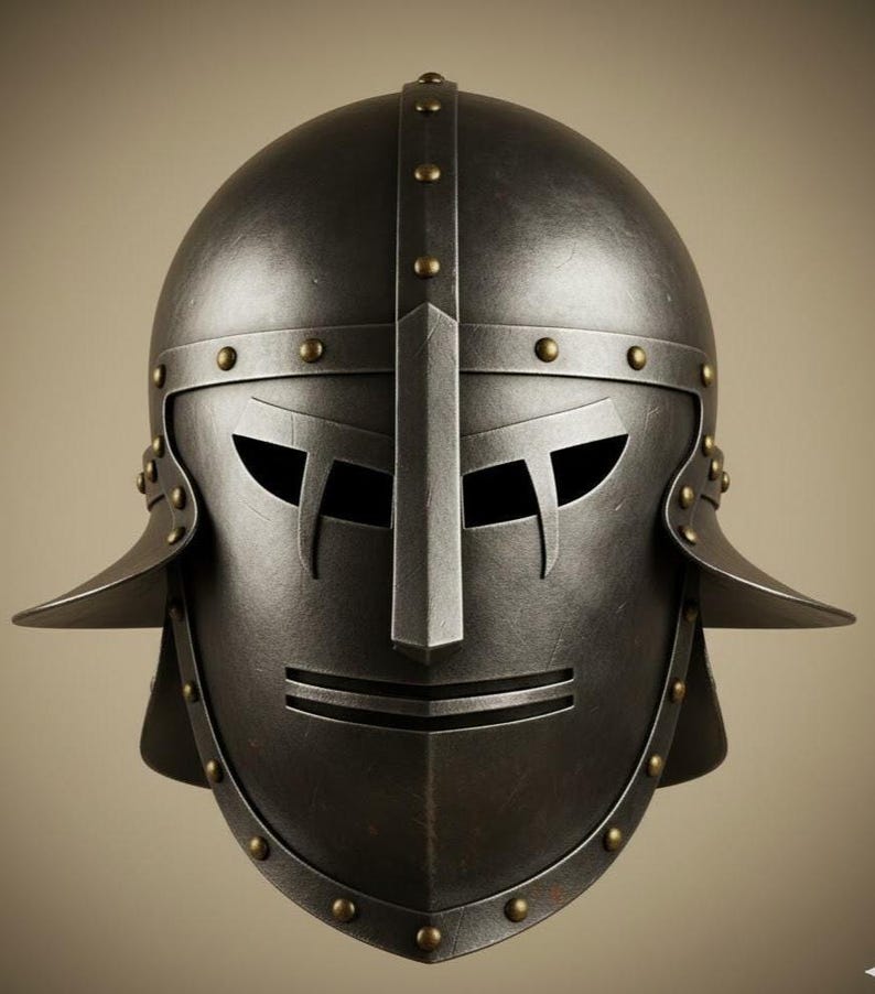 Medieval Iron Knight Helmet With Face Guard and Brass Rivets, Gothic ...