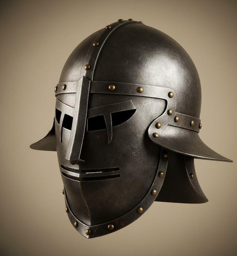 Medieval Iron Knight Helmet With Face Guard and Brass Rivets, Gothic ...