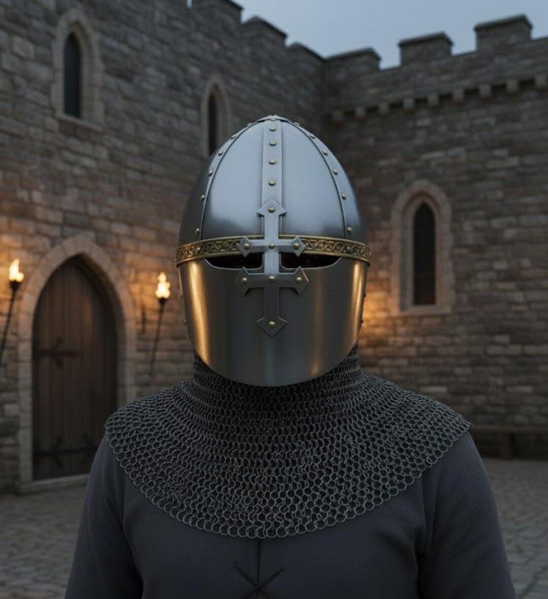 Medieval Crusader Great Helm With Brass Cross & Chainmail Aventail ...