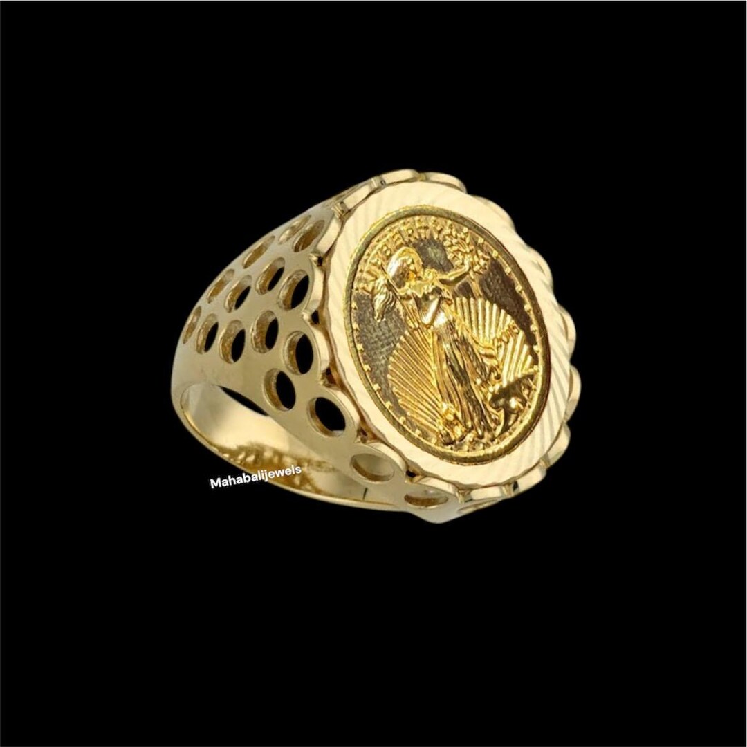 American Liberty Coin Ring: 14k Yellow Gold Plated Style Signet Vintage ...